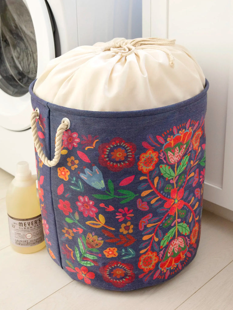 Boho Printed Laundry Hamper - Blue Folk Flower – Natural Life