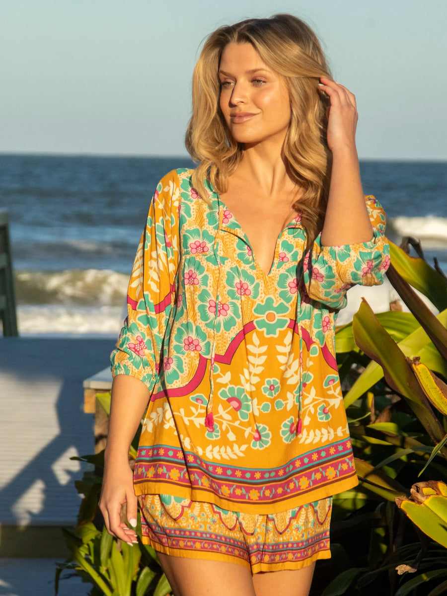 Maribel Top - Mustard Turquoise Floral – Natural Life